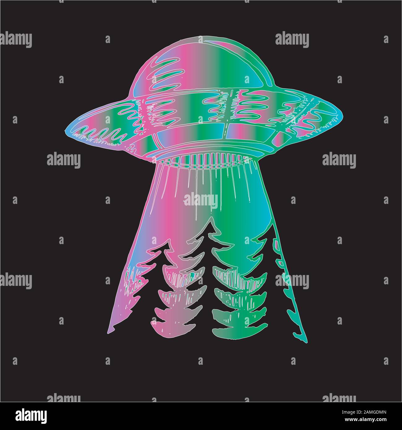 Color illustration of a spaceship. Alien ship and forest. Idea for ...