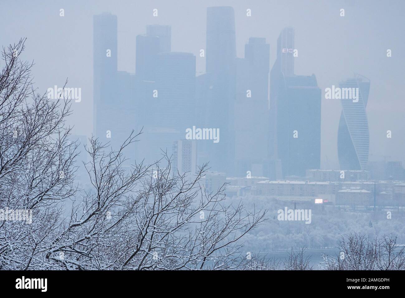 Snowfall in Moscow, Russia. The observation point at Sparrow Hills ...
