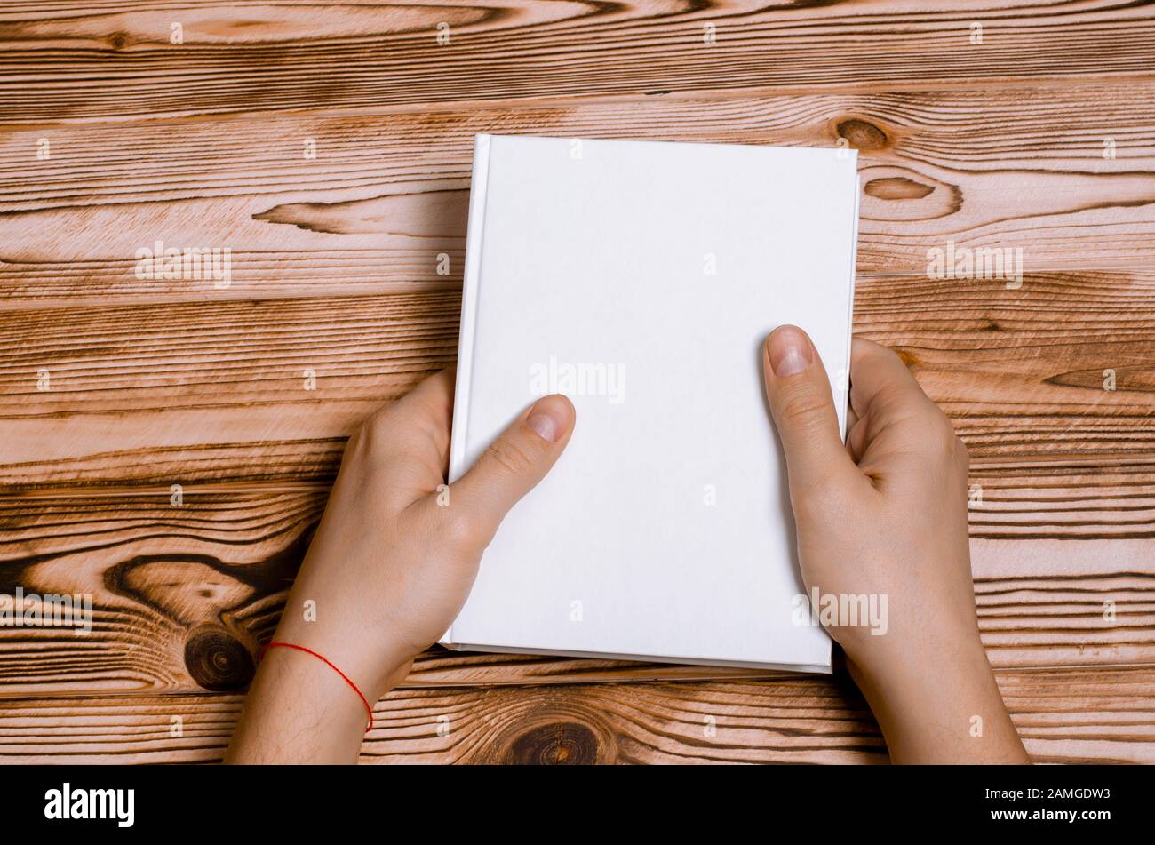 Men's hands holding closed book with blank cover on light background ...
