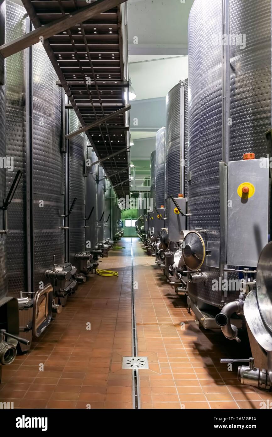 Metal silos for the fermentation of wine inside a farm. Storage of wine ...