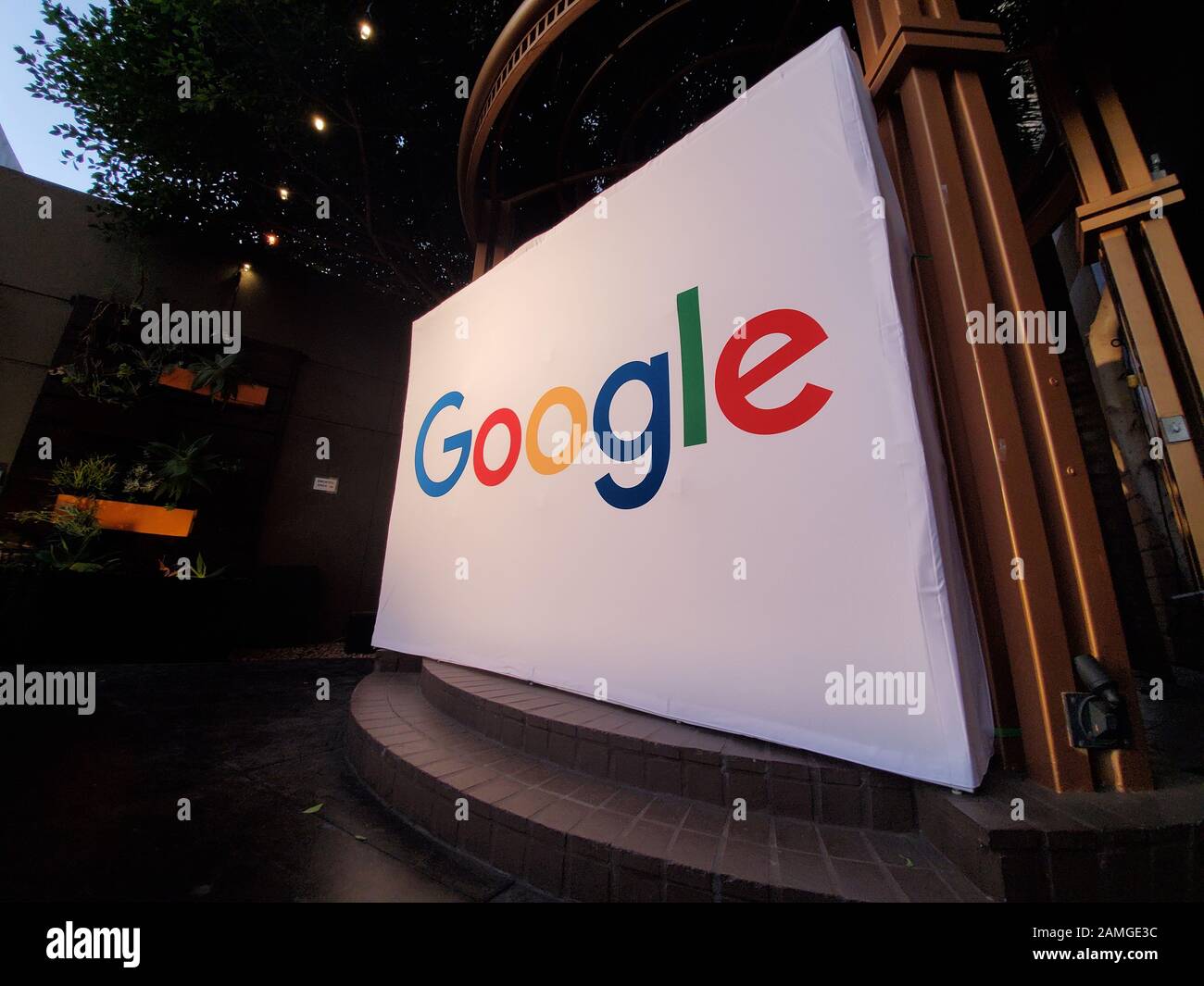 Wide angle of large conference display with logo for Google Inc at ...