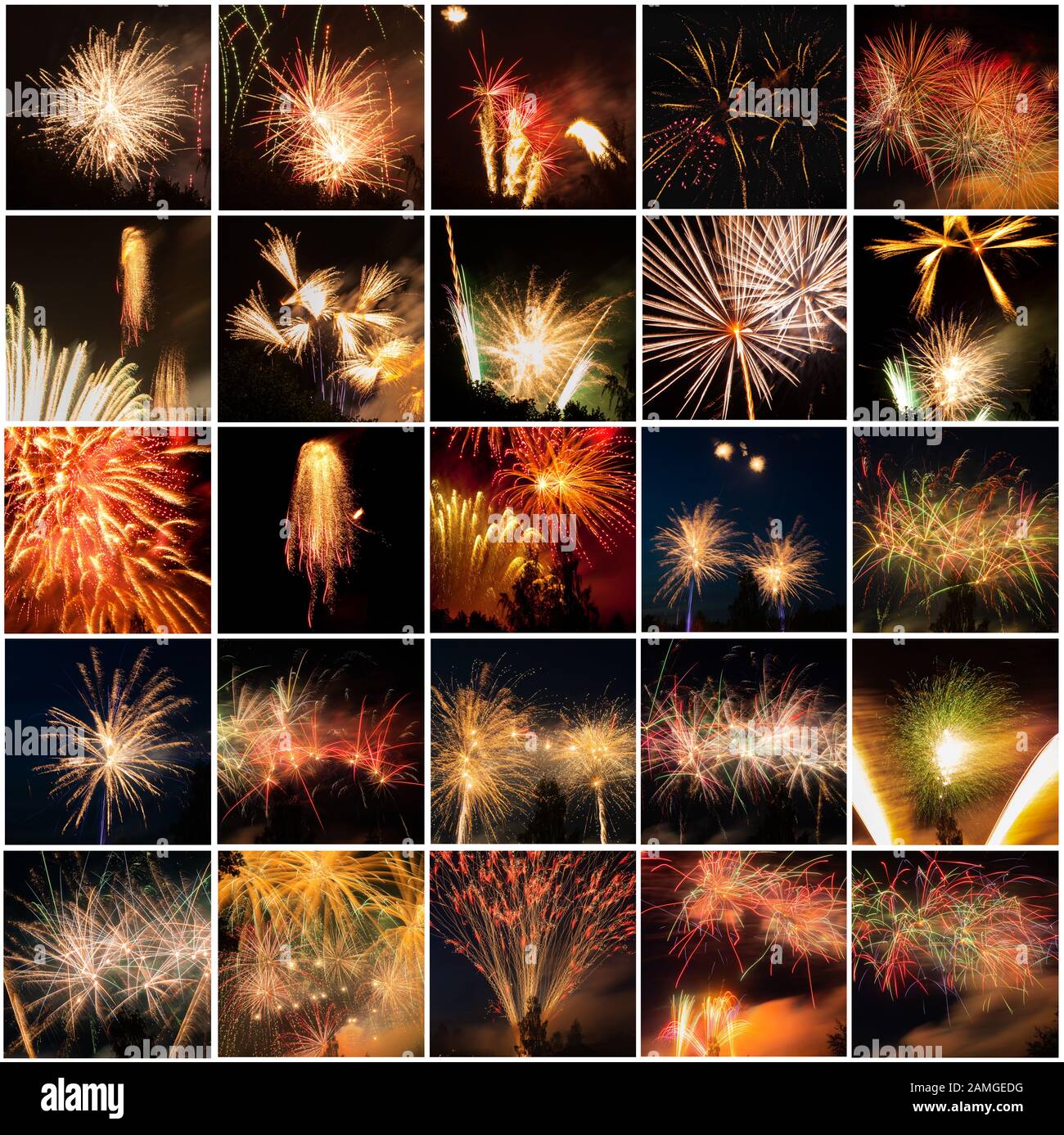 Set of beautiful fireworks in dark sky. Full size Stock Photo - Alamy