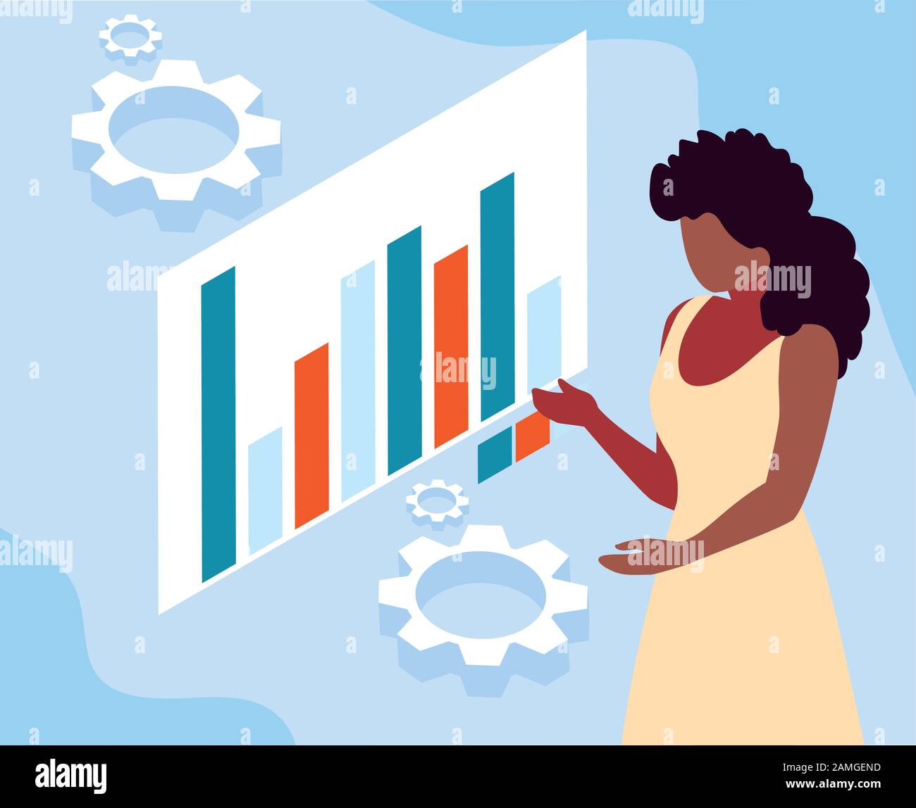 woman with graphs in front, business working processes vector ...