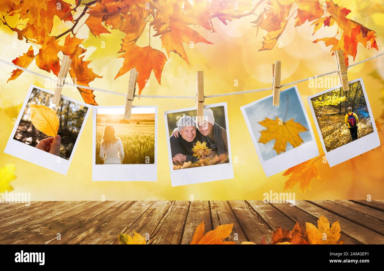 prints with people outdoors on autumn background Stock Photo - Alamy