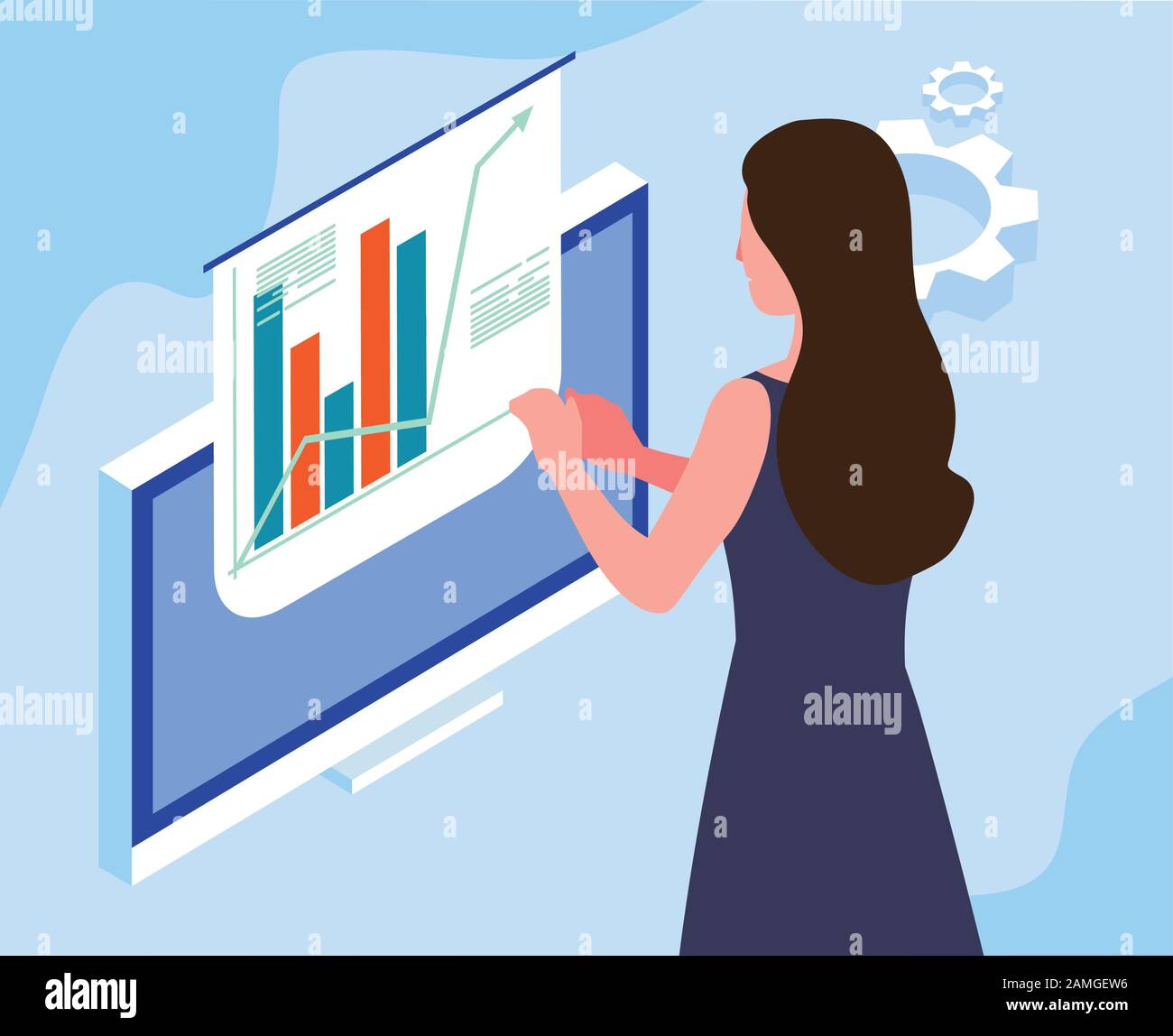 woman working in front of computer screen vector illustration design ...