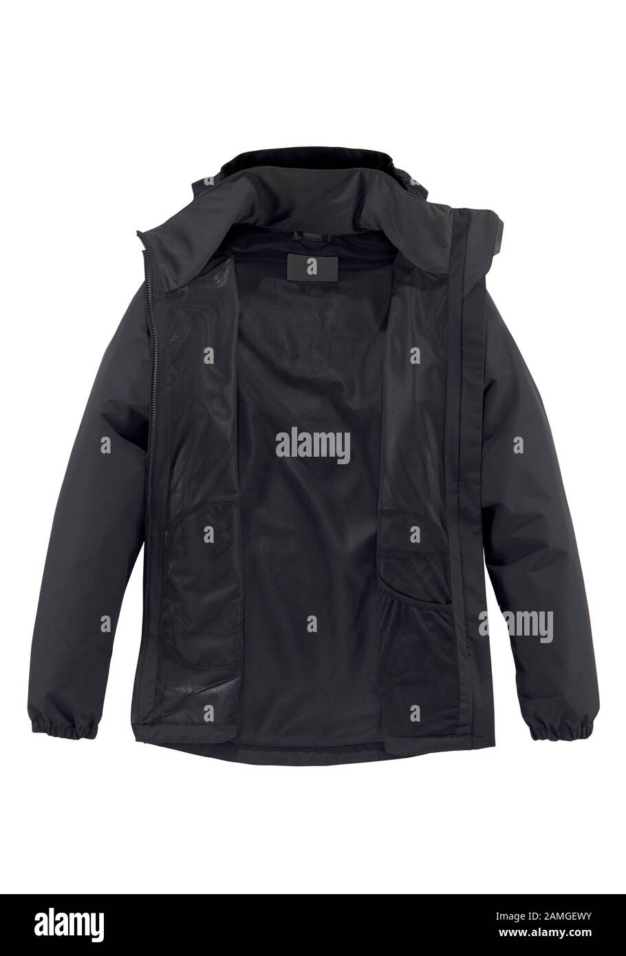 Blank black male hooded winter jacket long sleeved isolated on white ...