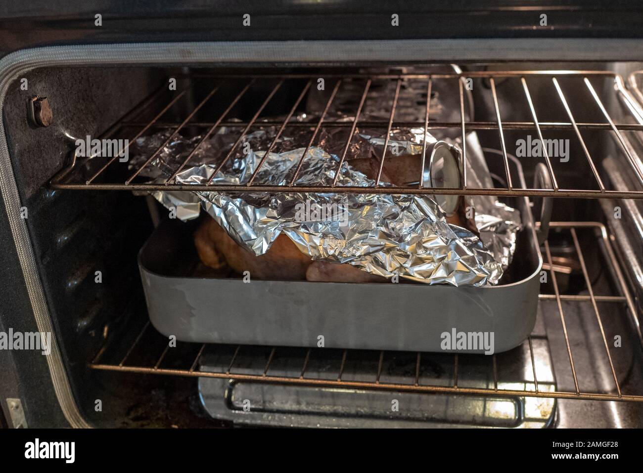 Tented turkey in oven during the preparation of a traditional American ...
