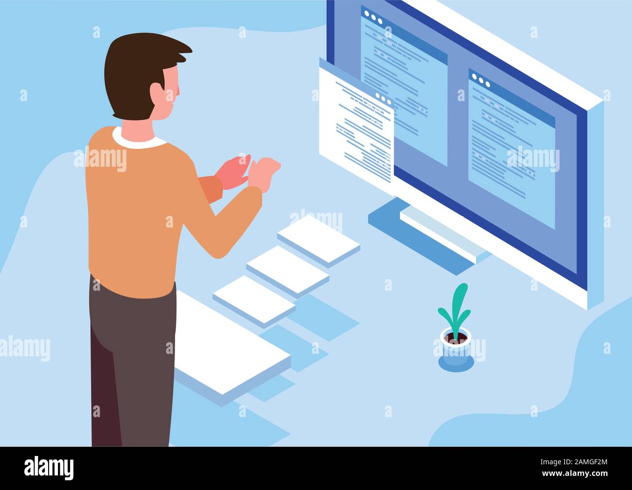 man working in front of computer screen vector illustration design ...