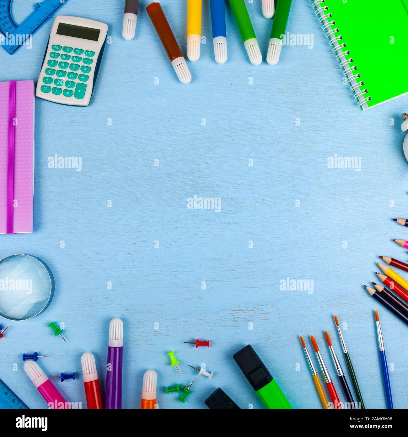 Back to school. Items for the school on a wooden table. Place for your ...