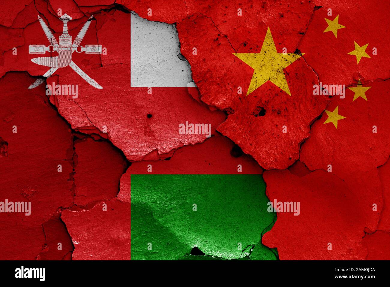 flags of Oman and China painted on cracked wall Stock Photo - Alamy