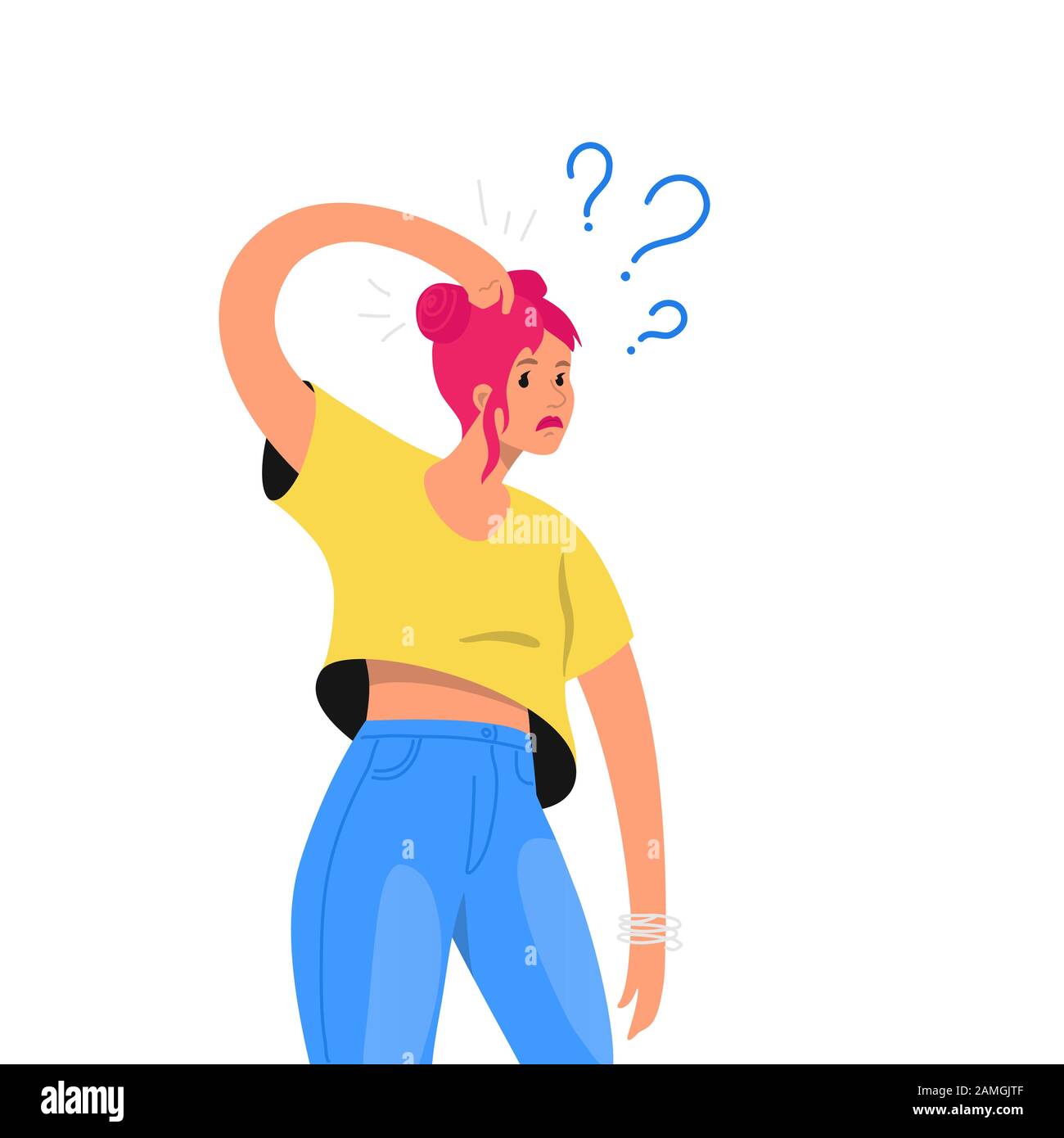 Confused redhead woman need an answer and has some doubt. Vector ...