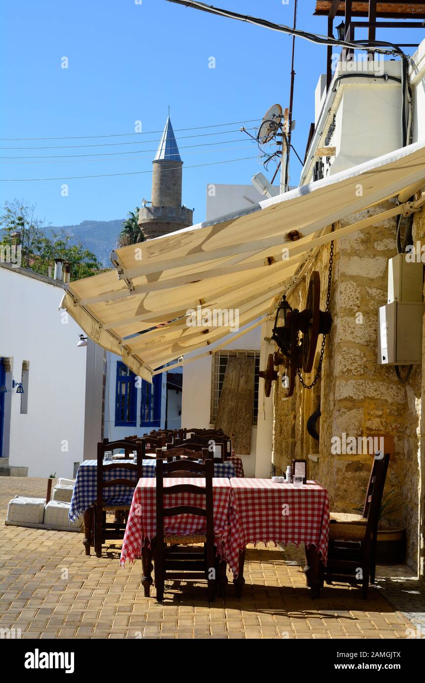 Cyprus, chairs and tables on street in Kyrenia aka Girne Stock Photo ...