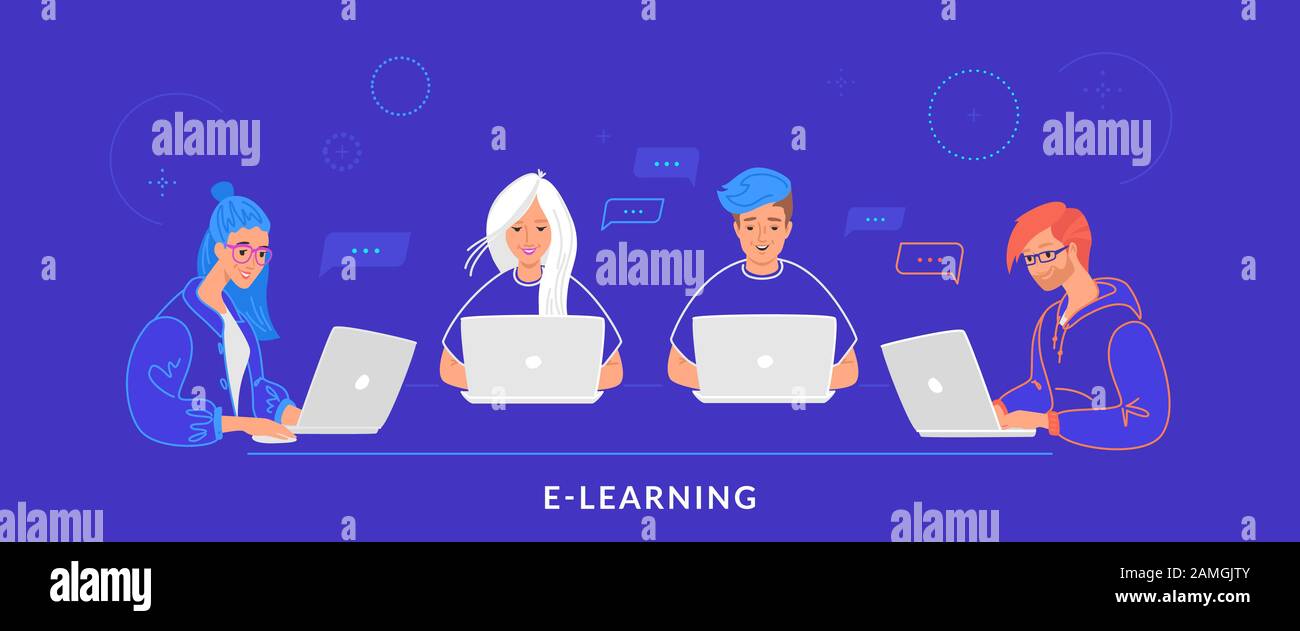 Four teenagers working with laptop at work desk typing on keyboard ...