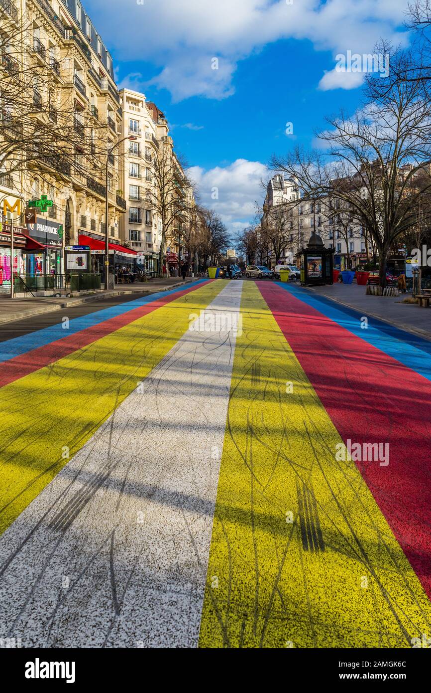 Painted street surface on the Place Martin Nadaud, Paris 75020, France ...