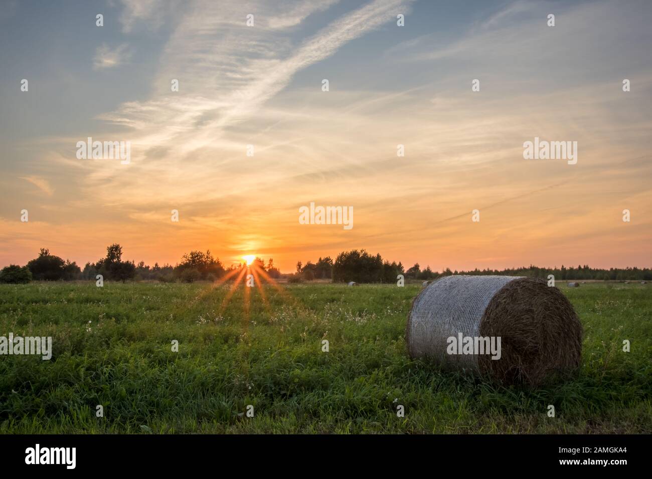 Haystacks on the field in Autumn season. Rural landscape with cloudy ...