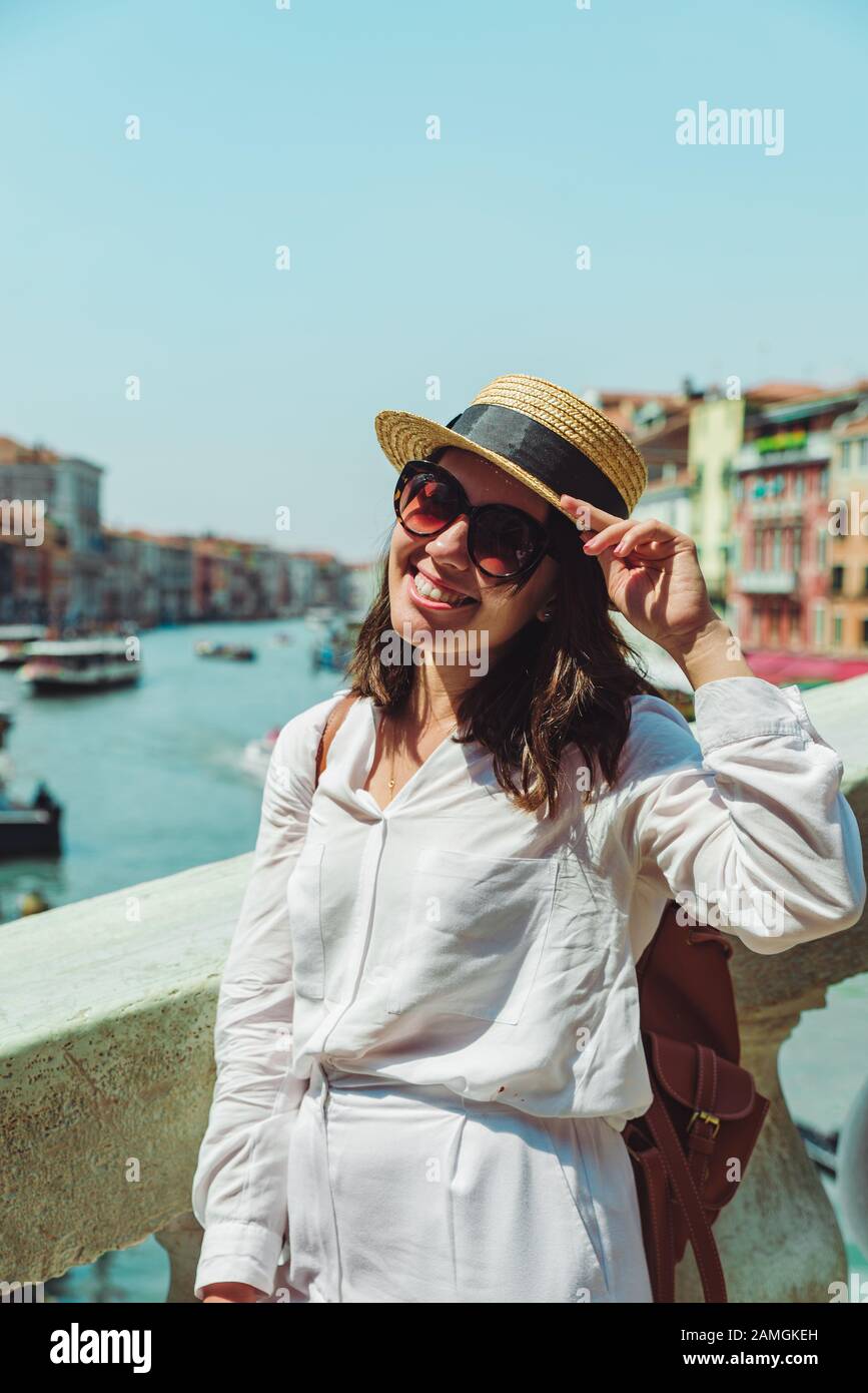 woman portrait in sunny summer day grand canal venice italy on ...