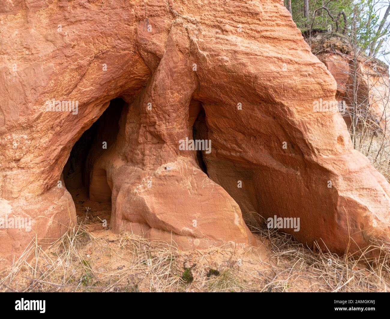 landscape with sandstone rock fragments on blurred background, Vidzeme ...