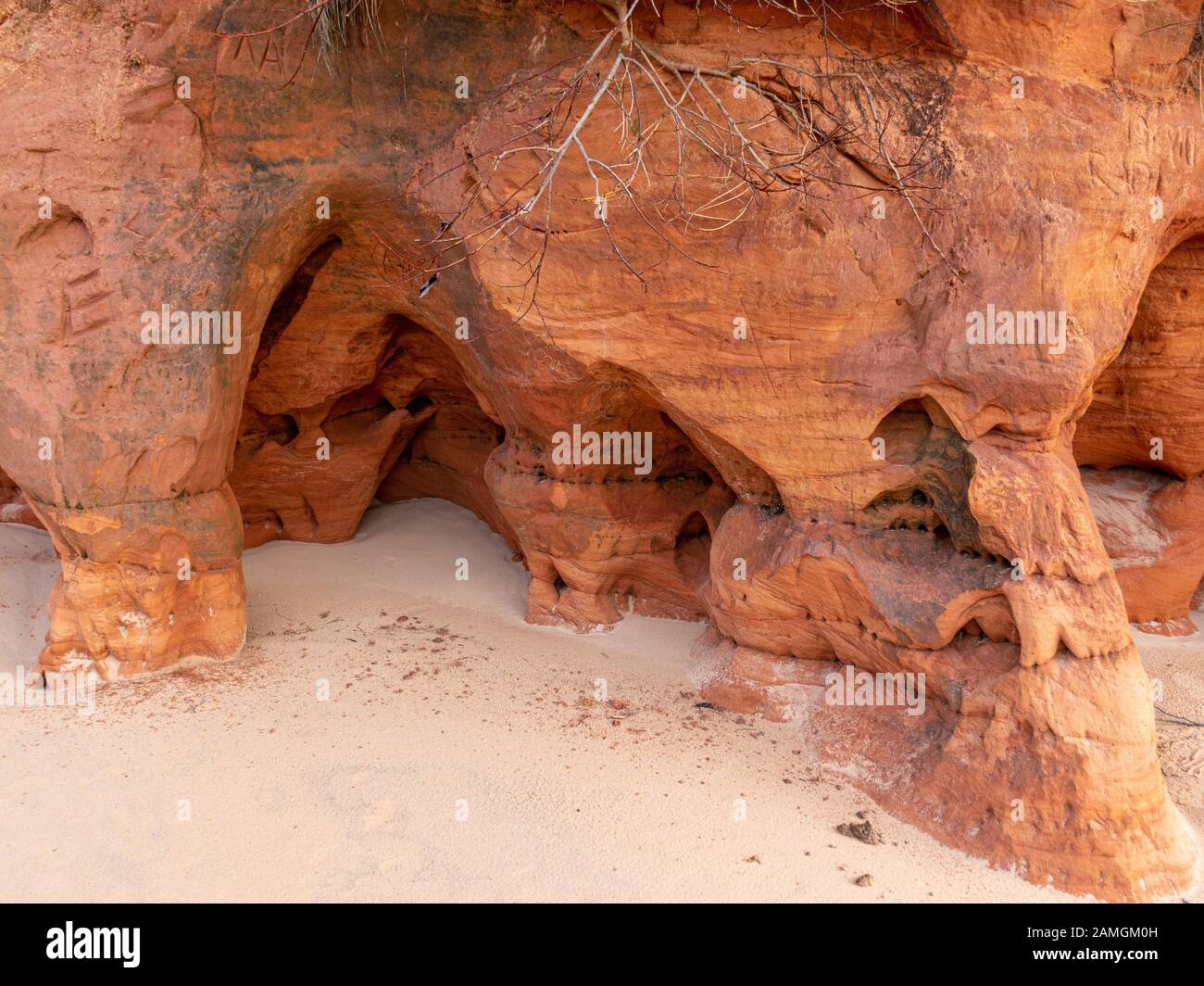 landscape with sandstone rock fragments on blurred background, Vidzeme ...