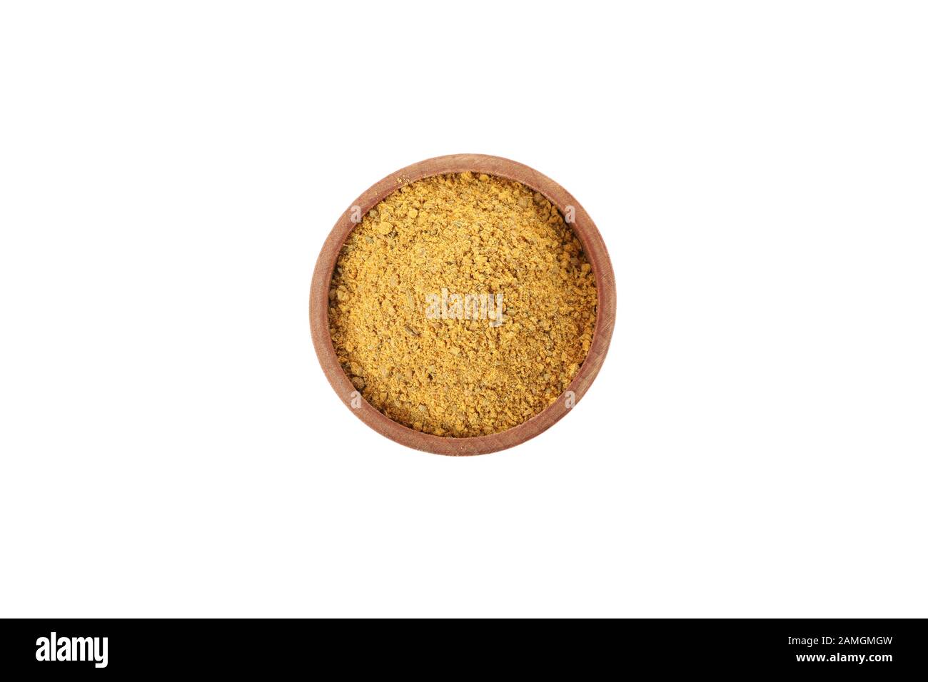Curry powder in wood bowl isolated on white background, top view Stock ...