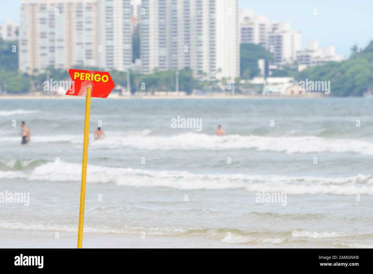 Red warning sign at the beach. Board signaling rough or deep sea ...