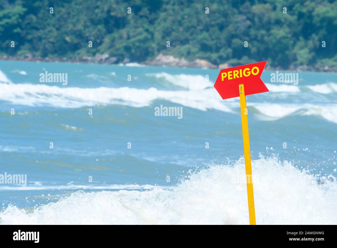 Red warning sign at the beach. Board signaling rough or deep sea ...