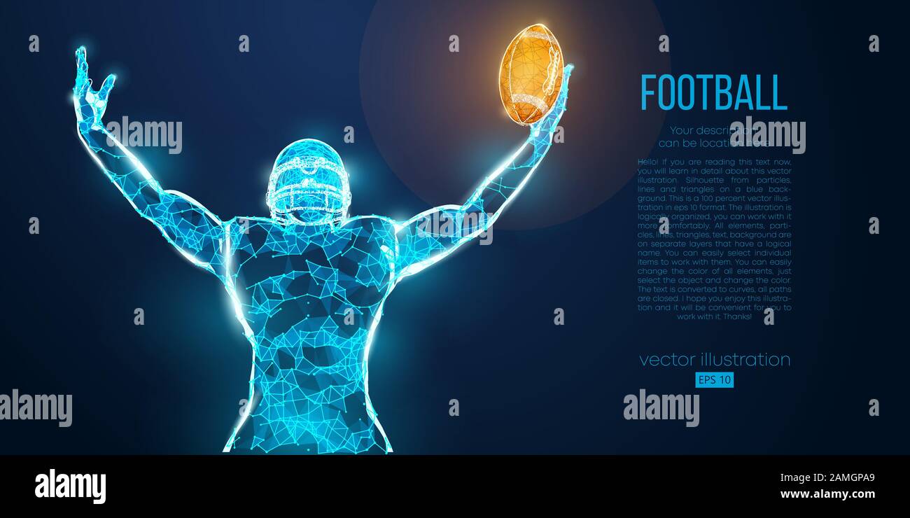 Abstract football player from particles, lines and triangles on blue ...