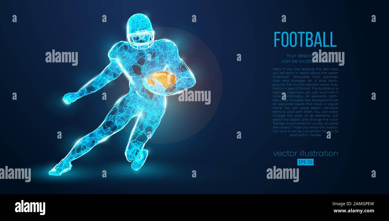 Abstract football player from particles, lines and triangles on blue ...
