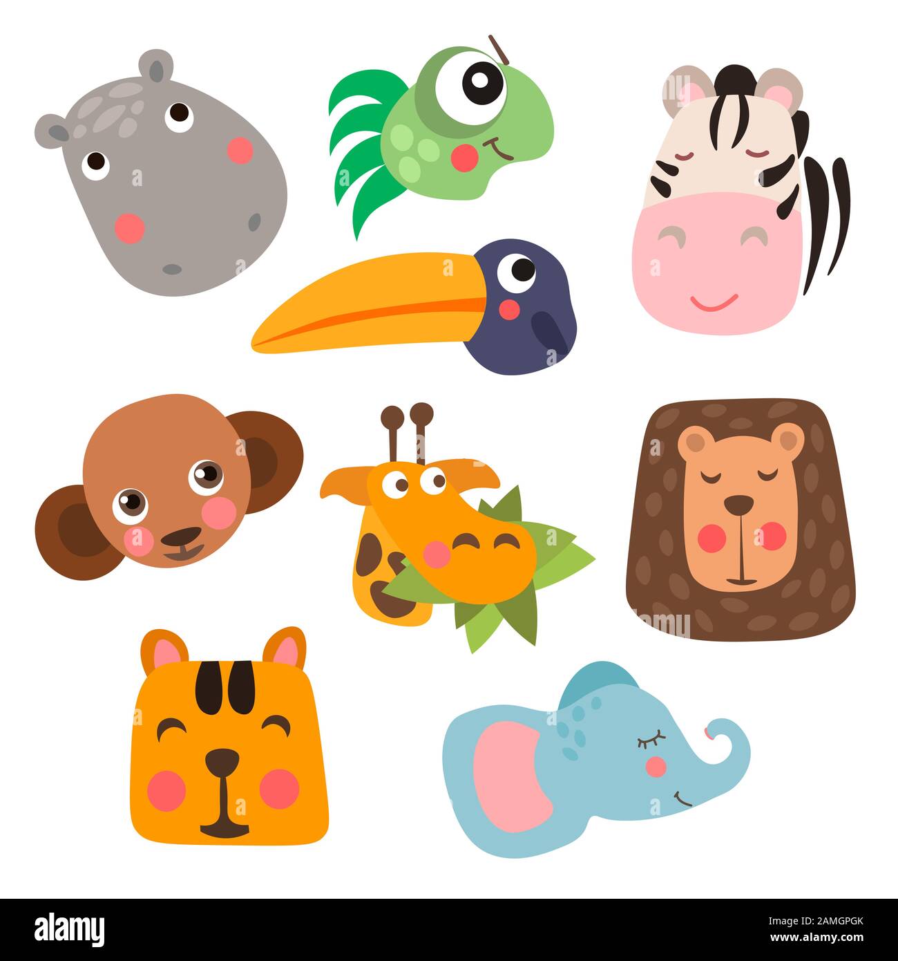 Cute Safari Animal Faces in flat style isolated vector illustration ...