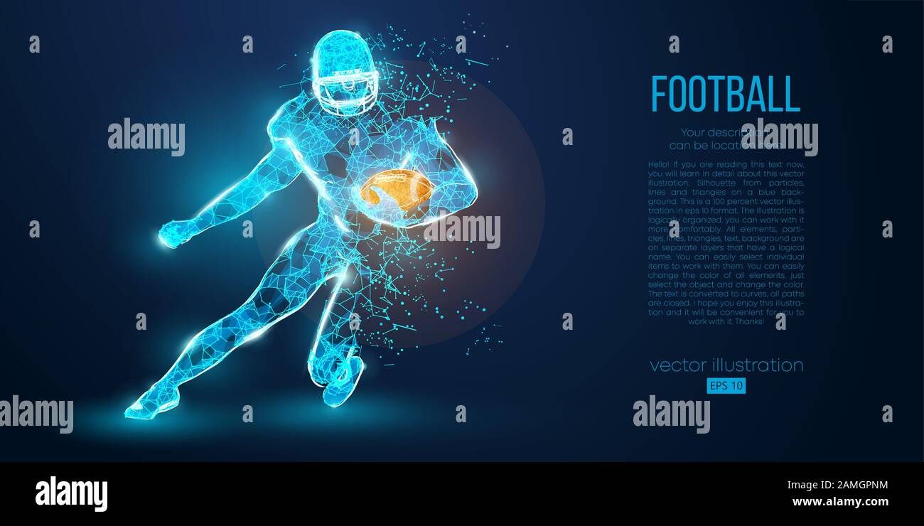 Abstract football player from particles, lines and triangles on blue ...