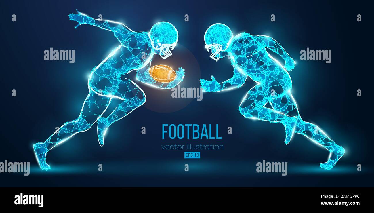 Abstract football player from particles, lines and triangles on blue ...