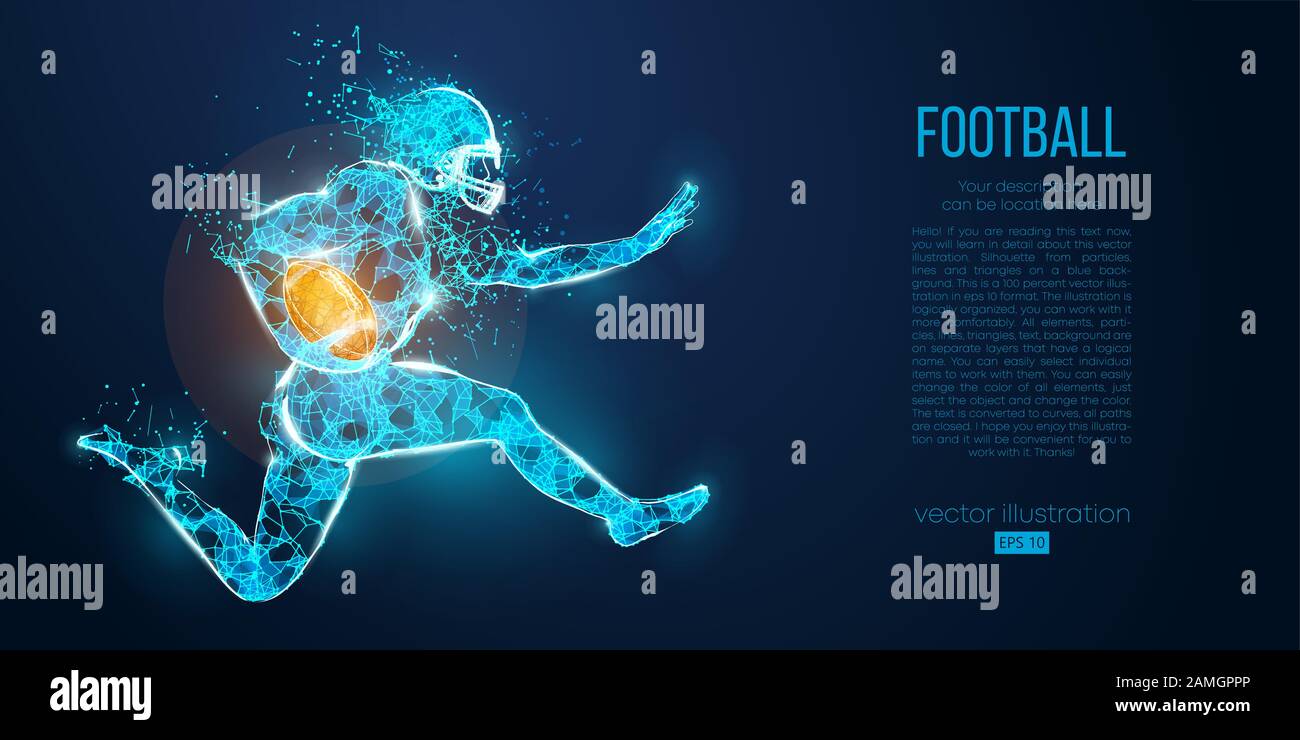 Abstract football player from particles, lines and triangles on blue ...