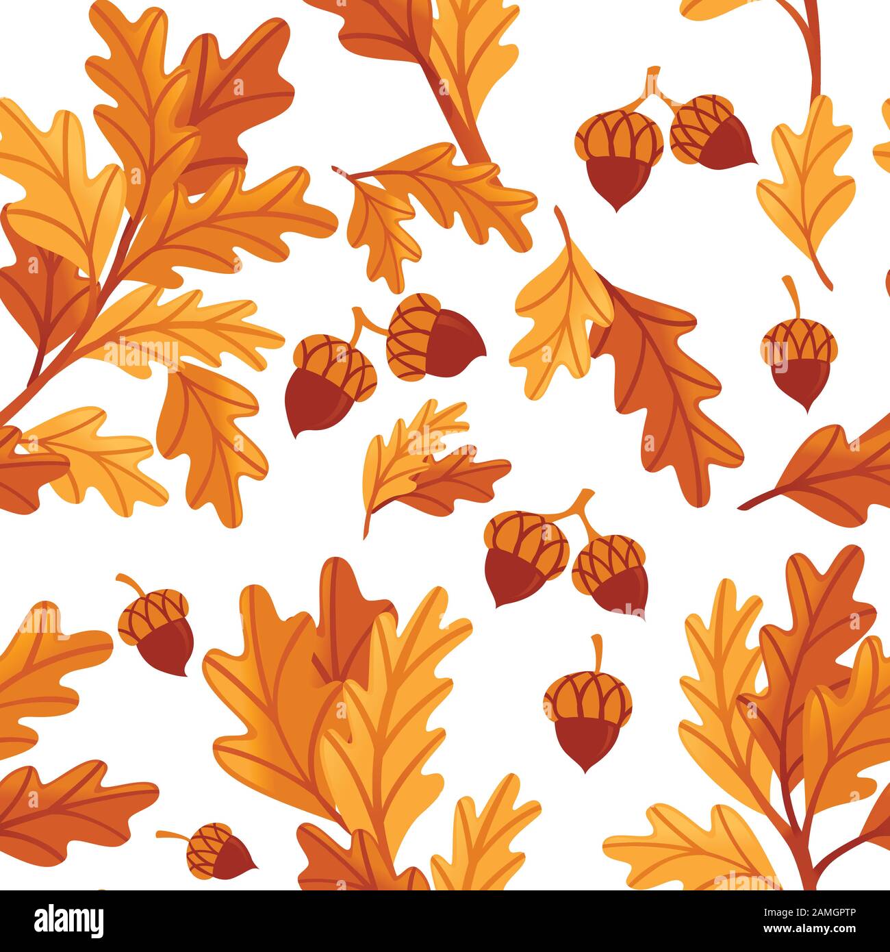 Seamless pattern various oak autumn leaves with acorn flat vector illustration on white ...