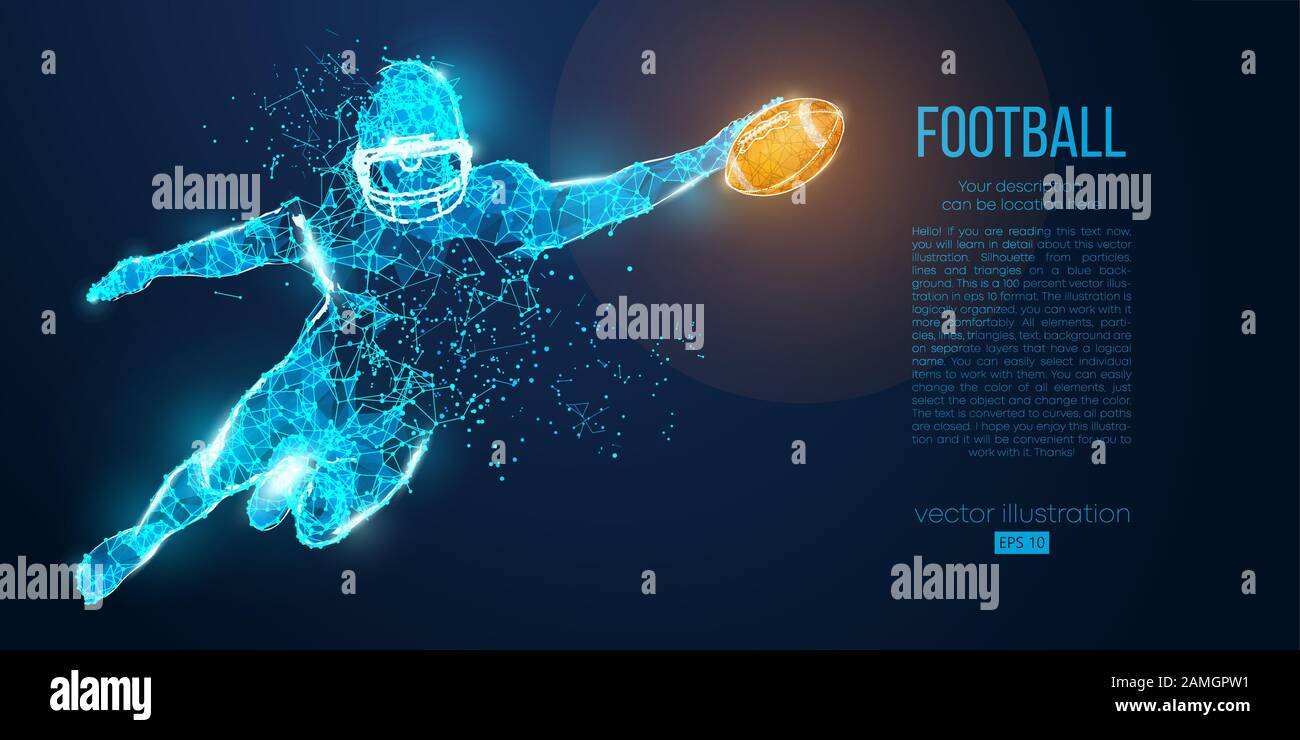 Abstract football player from particles, lines and triangles on blue ...