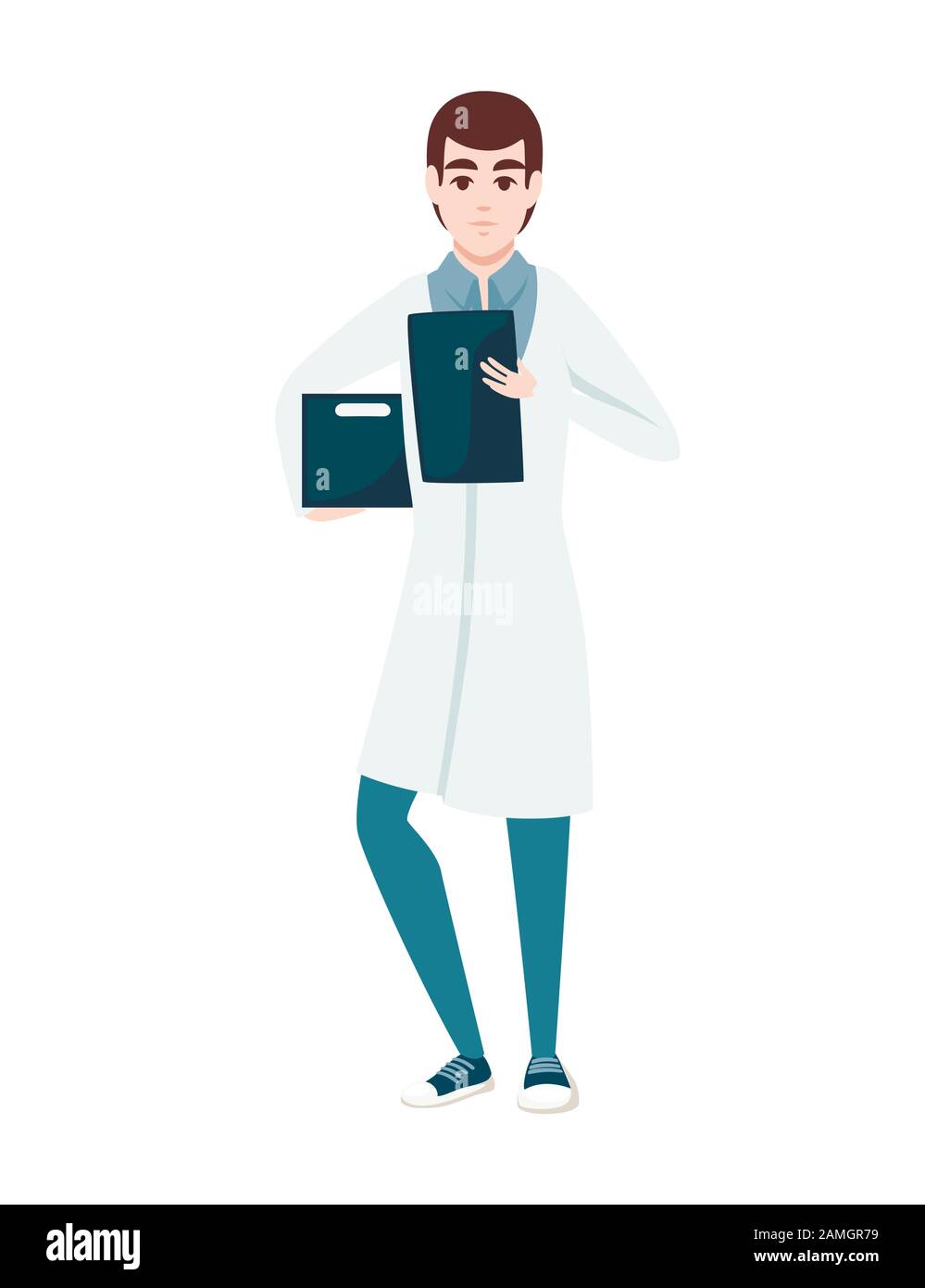 Man in white coat holding box and checklist or notepad cartoon ...