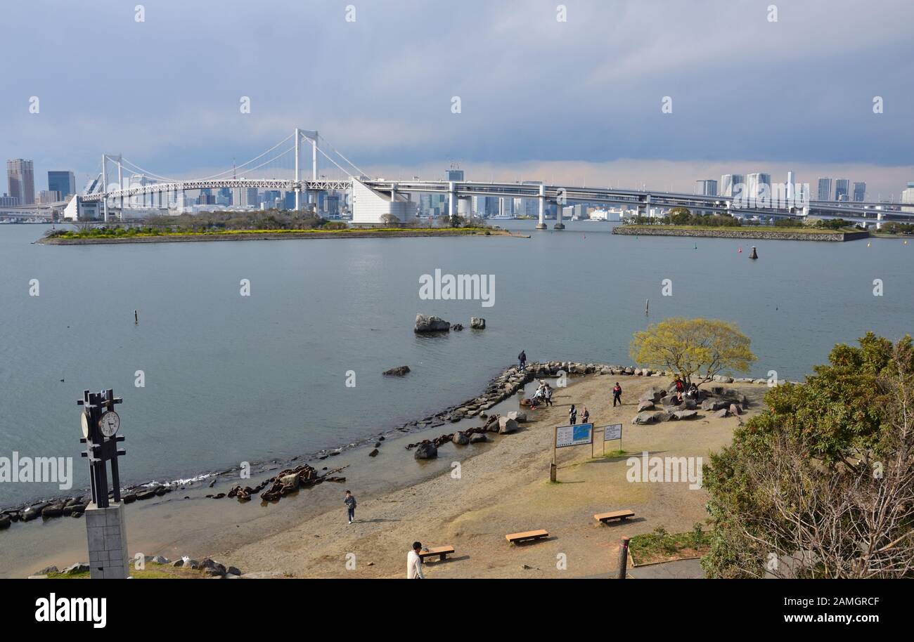 Small beach on the coast of Odaiba island in Tokyo Bay Stock Photo - Alamy