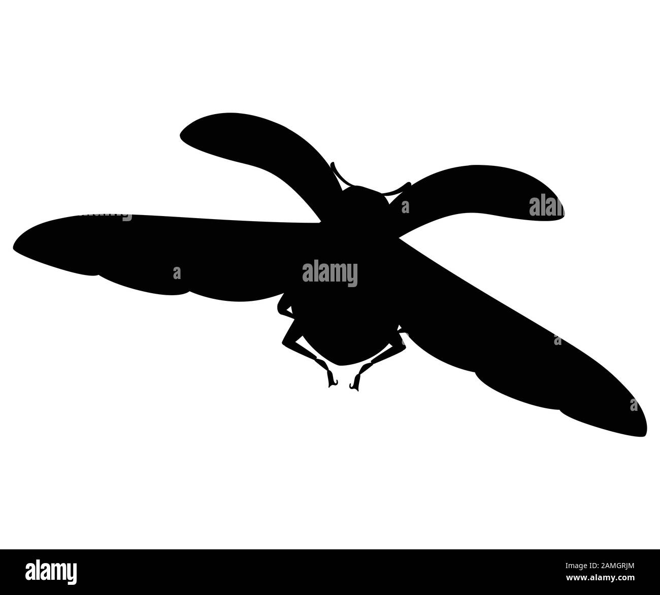 Black silhouette ladybug with open shell and wings flying beetle ...