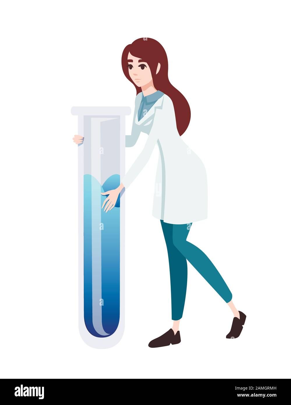 Female lab technician in white coat holding a giant test tube with blue ...