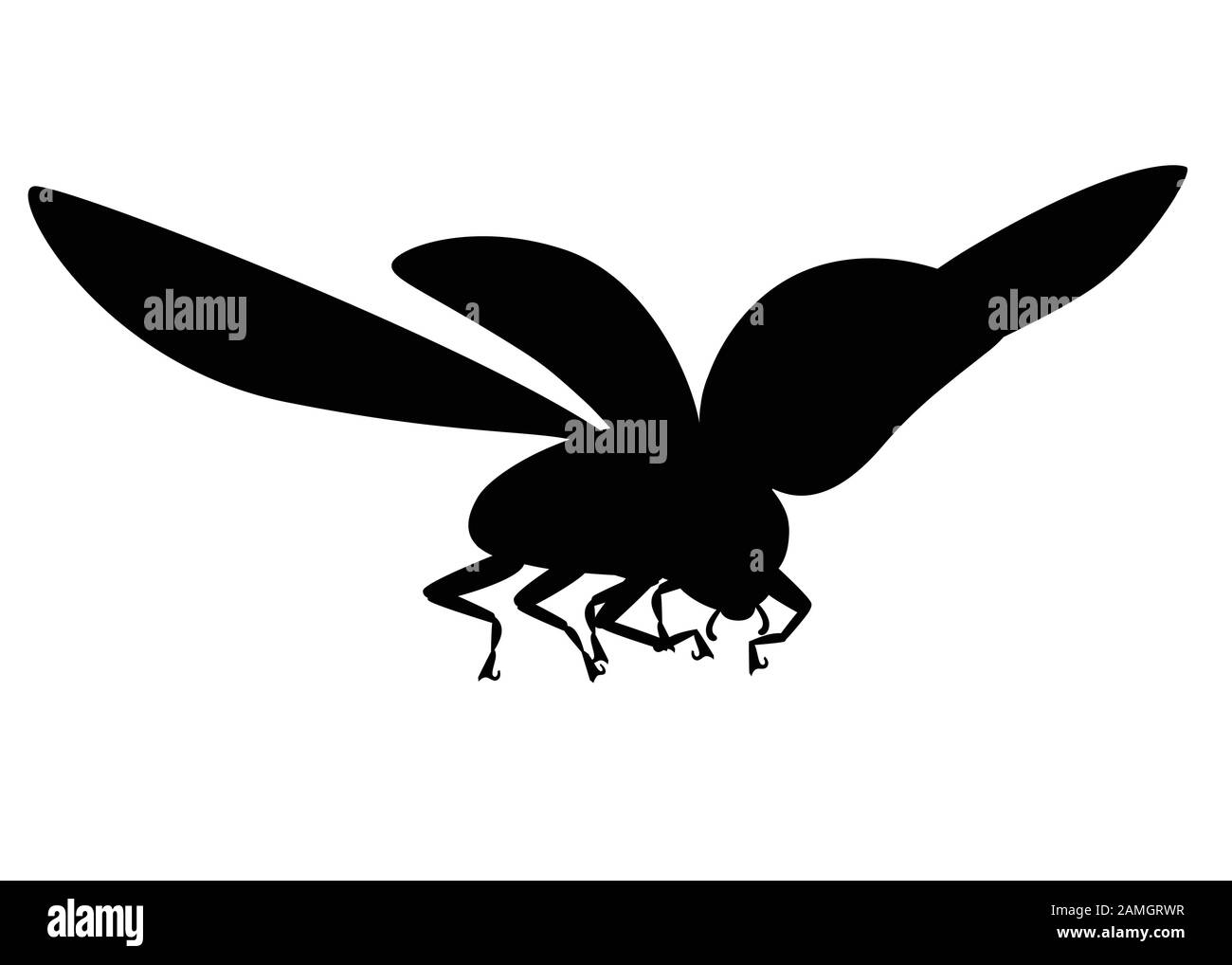 Black silhouette ladybug with open shell and wings flying beetle ...