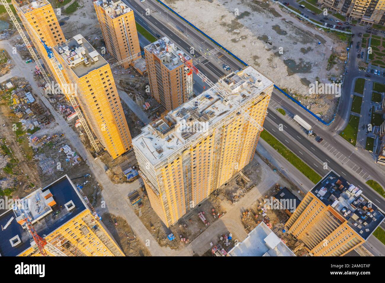 Aerial top view large-scale construction of a residential complex with ...