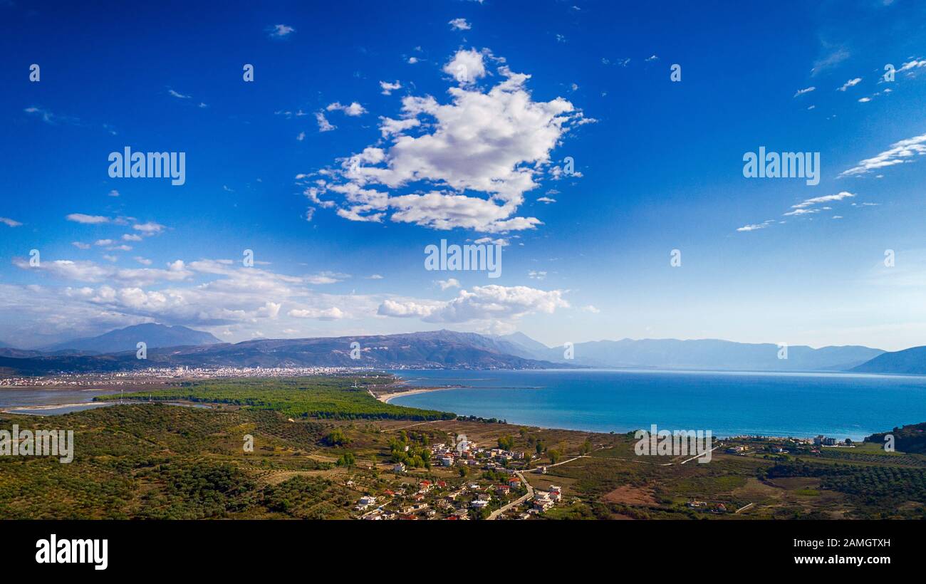 Drone aerial view on isolated Monastery of Saint Mary on Zvernec island ...