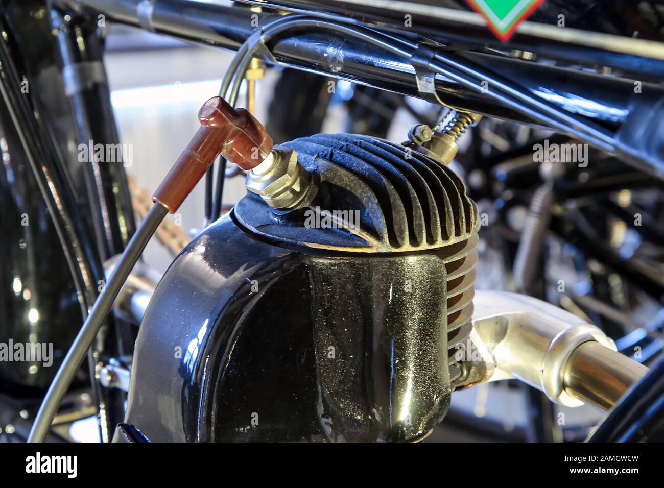 The detail of the old motorcycle with part of the frame, engine, fuel ...