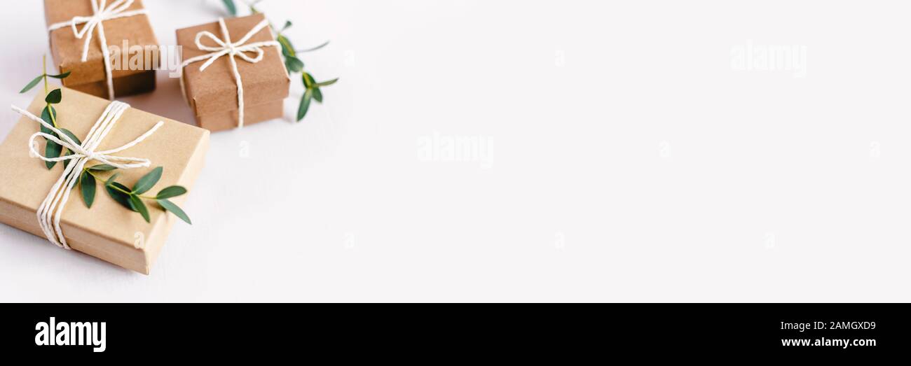 Craft gift boxes on white background Stock Photo - Alamy