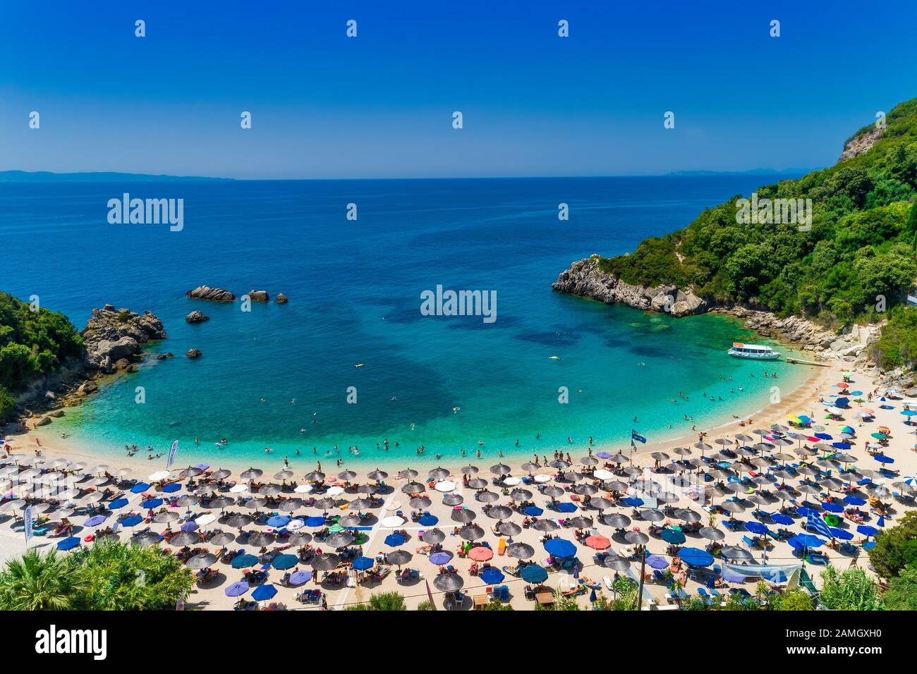 Aerial view of Sarakiniko Beach with turquoise sea in Parga area ...