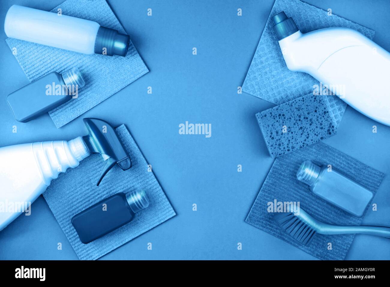 House cleaning products are on blue background. Cleaning concept Stock ...