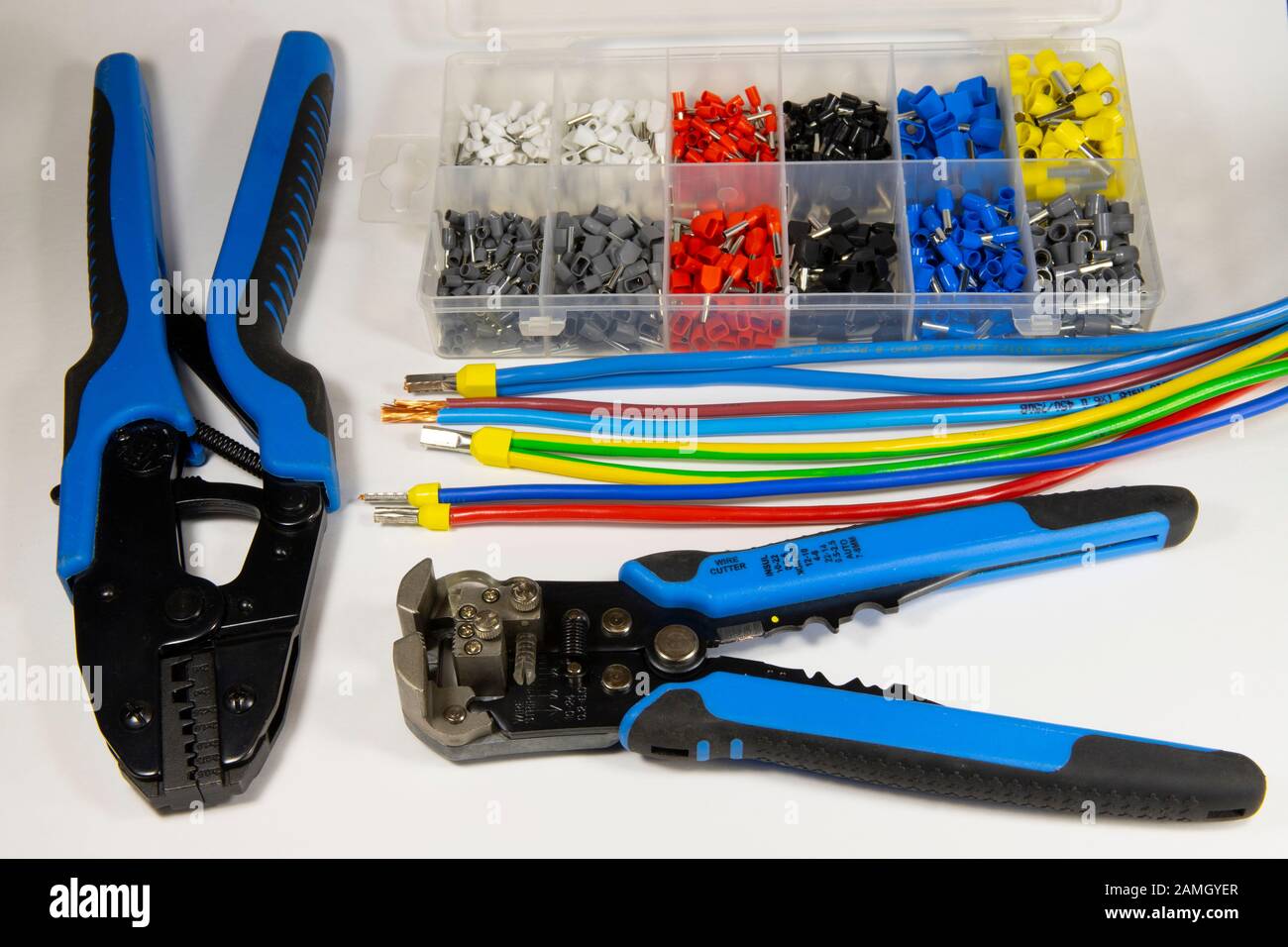 Tools and materials for stripping and crimping Stock Photo - Alamy