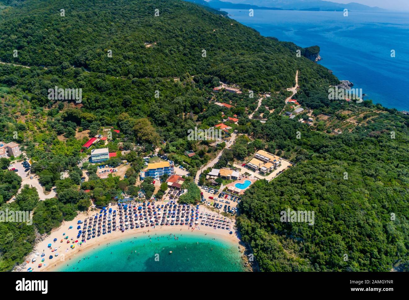 Aerial view of Sarakiniko Beach with turquoise sea in Parga area ...