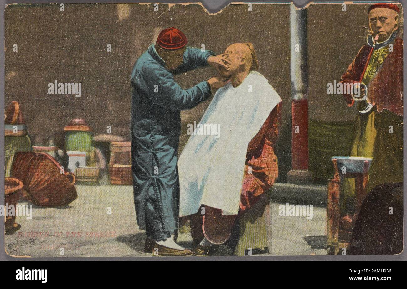Illustrated postcard of a Chinese street barber giving a local man a ...