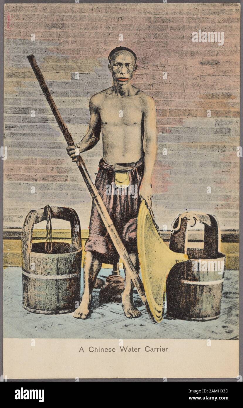 Illustrated postcard of a Chinese water carrier, standing by water ...