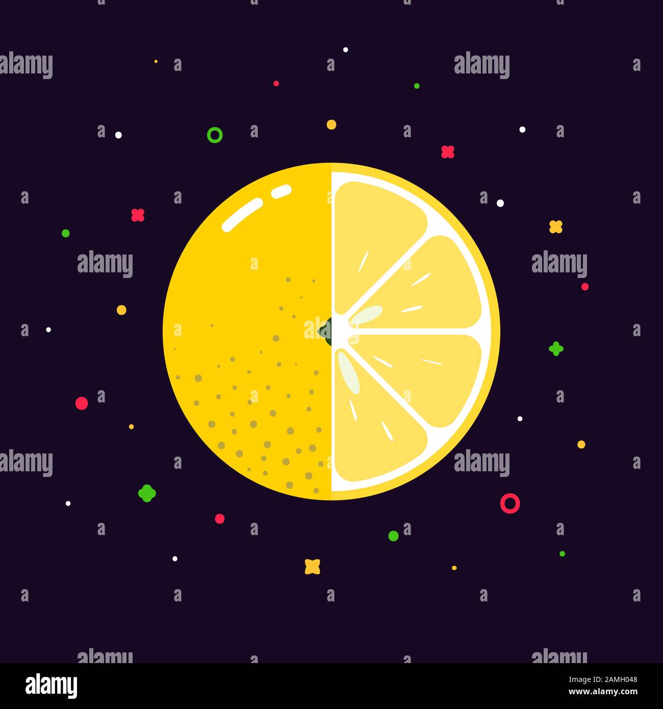 Lemon fruit sphere with half slice on abstract fresh background, flat ...
