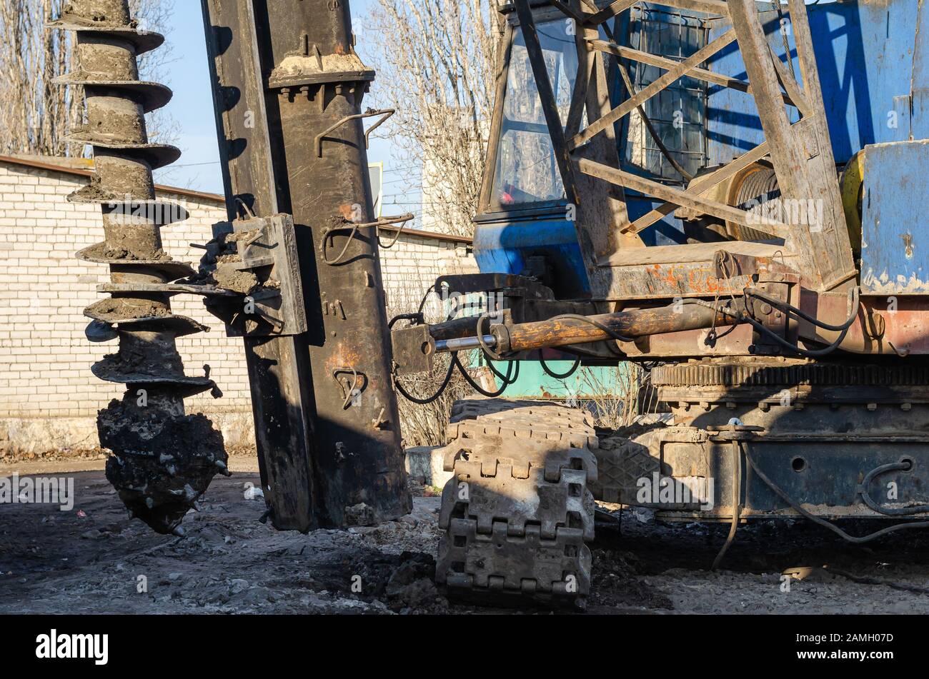 Industrial earth drilling rig. Side view. Selective focus. Outside ...